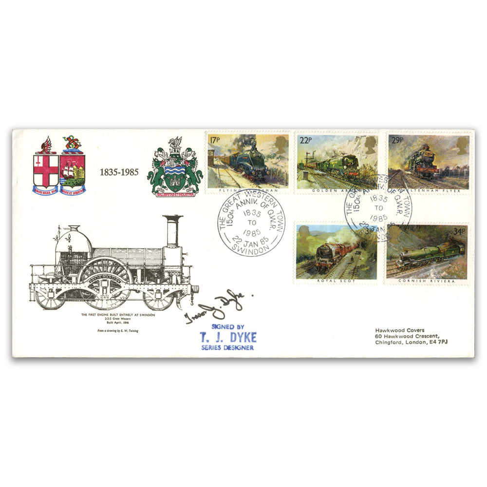 1985 Famous Trains. Hawkwood Off. Great Western Town, Swindon h/s Sign