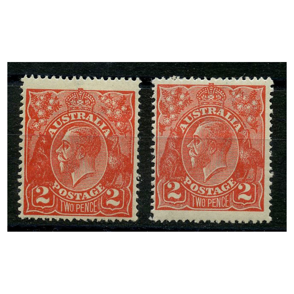 Australia 1922-23 2d Bright & dull rose-scarlet, both fresh mtd mint.