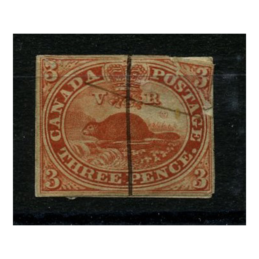 Canada 1852-57 3d Brown-red, handmade ppr, just 4 marg, pen used, dama