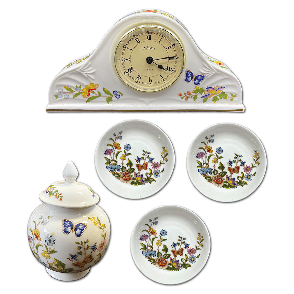 Aynsley Clock, Ginger Jar and Three Trinket Dishes