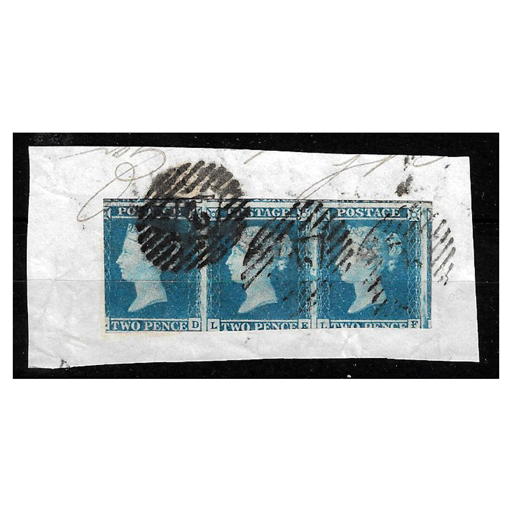 GB 1841 2d Blue, 3 margin horizontal strip of 3, used on tidy fragment