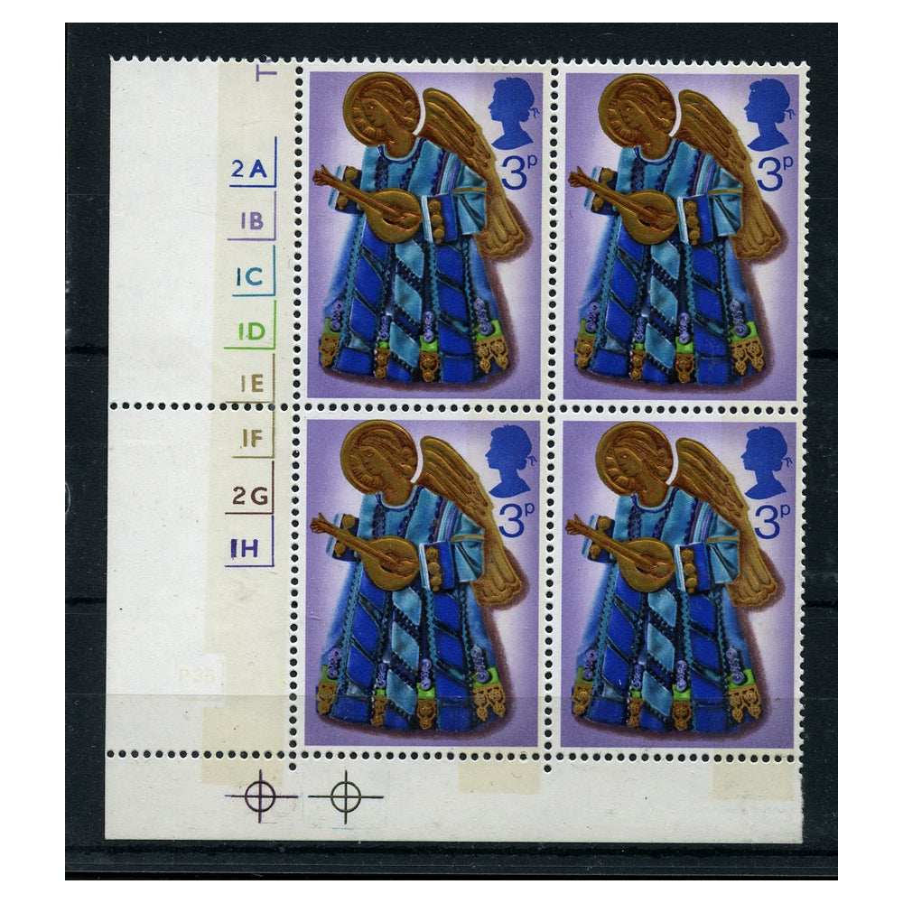 GB 1972 3p Angel w lute, plate block of 4, all displaying 'broadband r