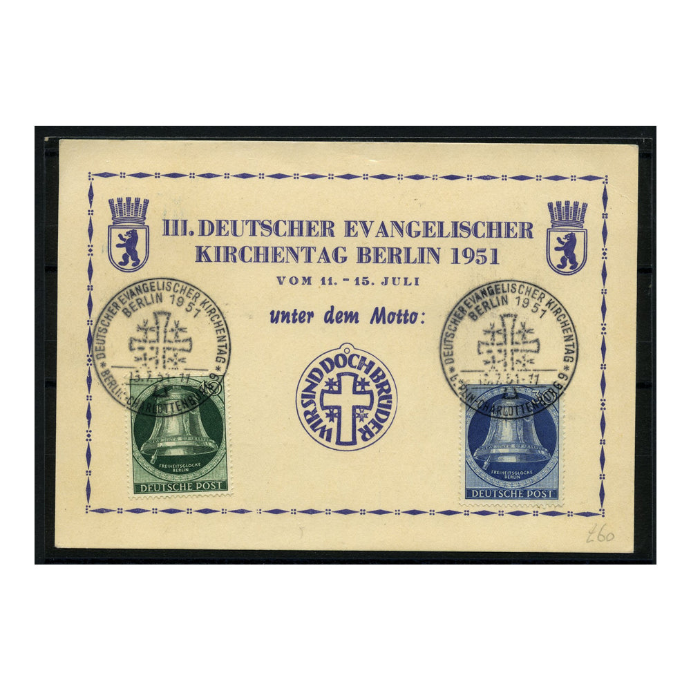 Berlin 1951 10pf, 30pf Freedom Bell (clapper left), used on event card