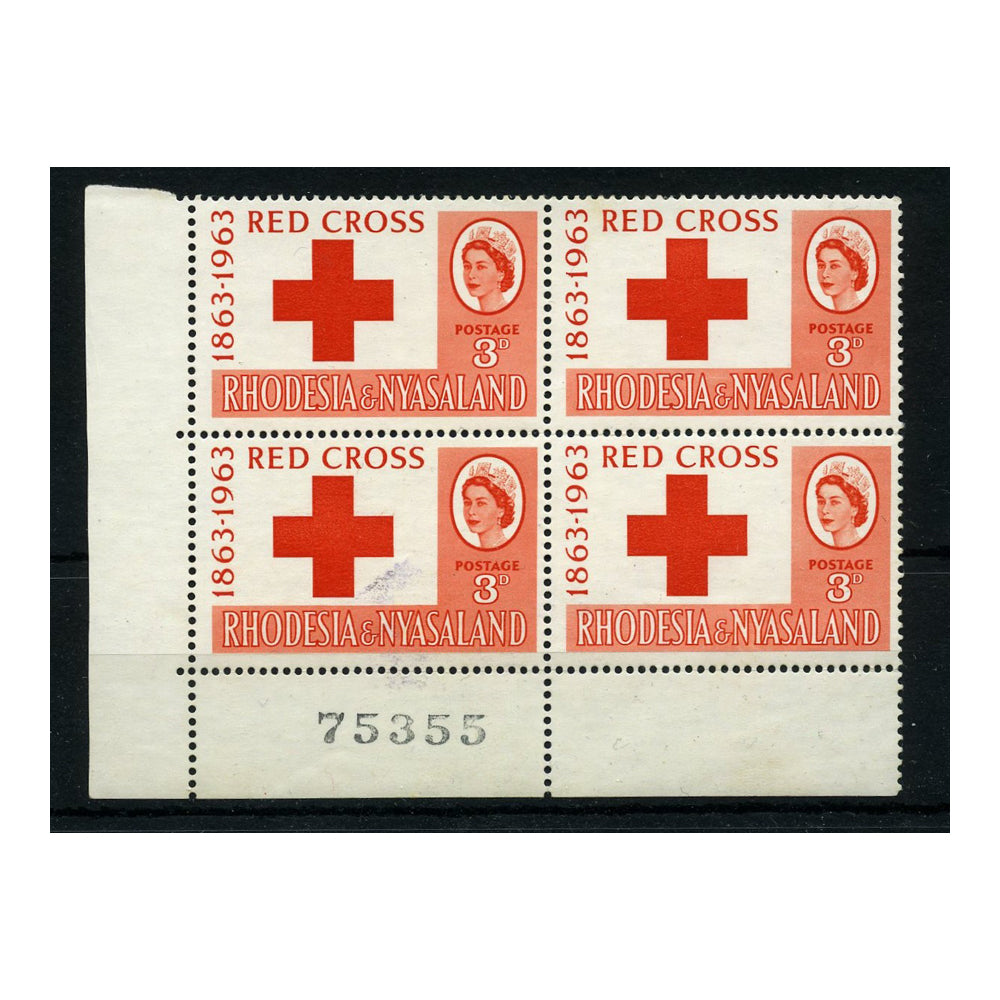Rhod & Nyas 1963 3d Red Cross corner marginal block of 4, with control