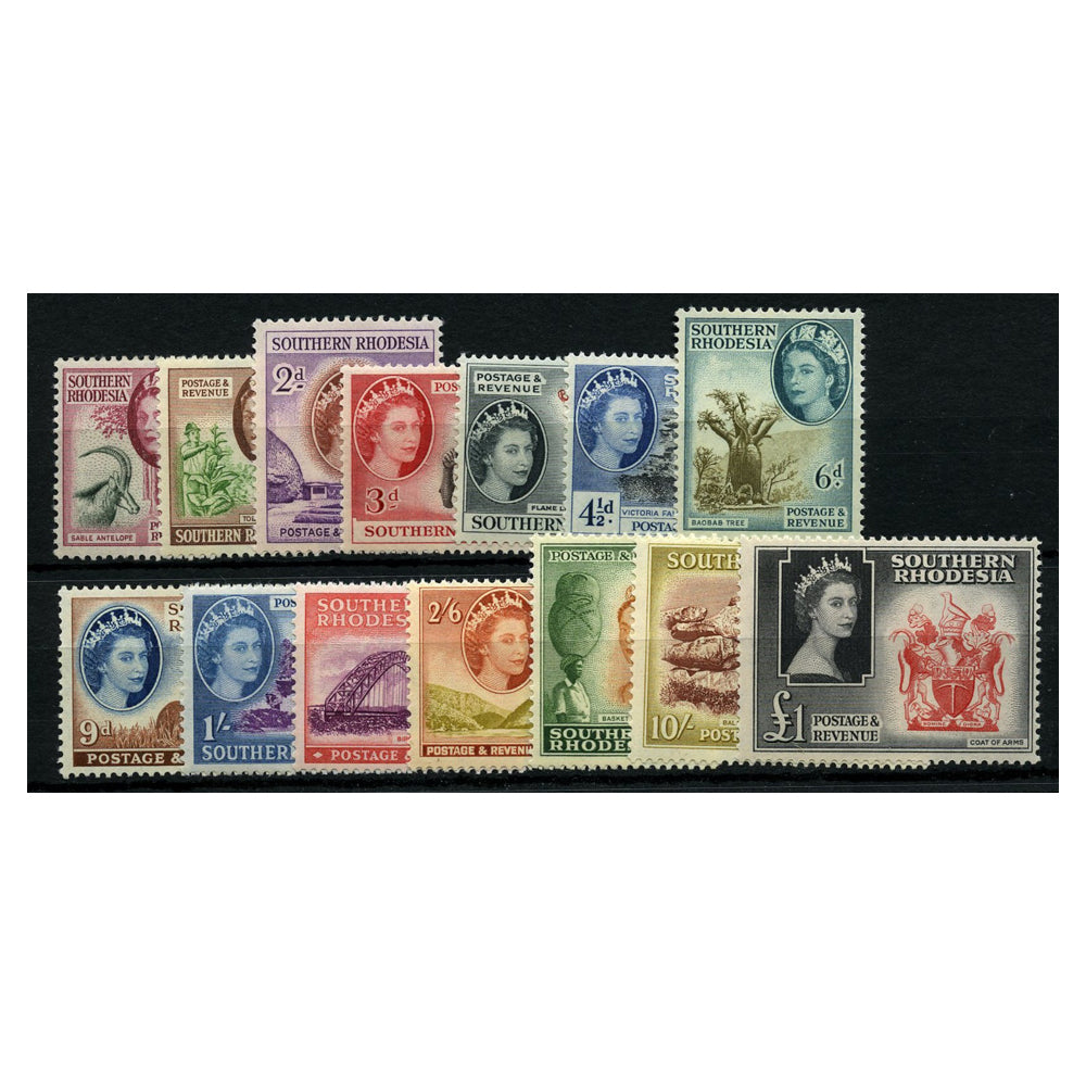 S Rhodesia 1953 Definitive set to £1 (14v) mix of light mtd mint and u