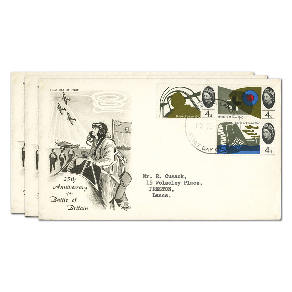 1965 Battle of Britain on 3 illustrated, typed address 'Stuart' FDCs,