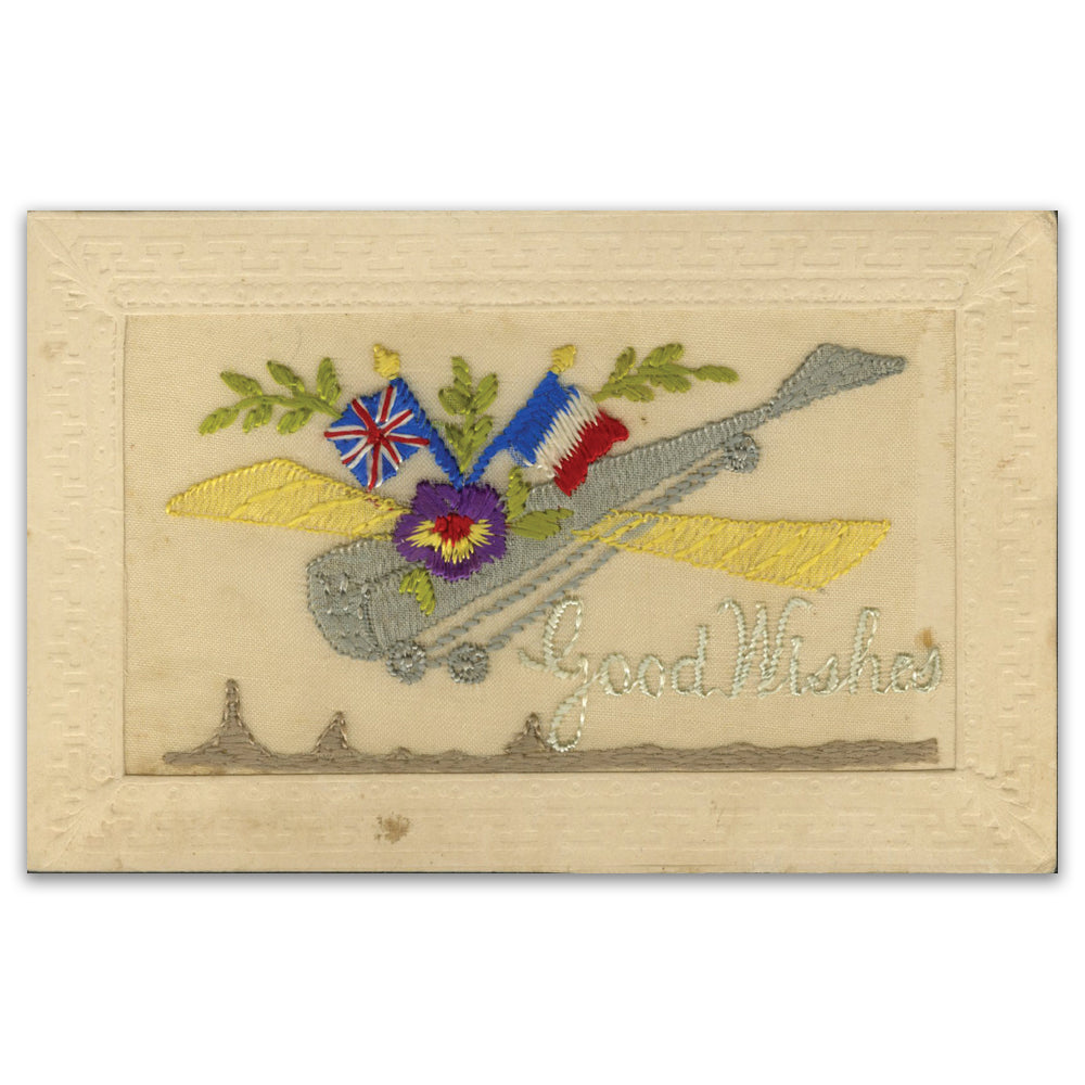 WWI Embroidered Postcard - Good Wishes / Early Aircraft