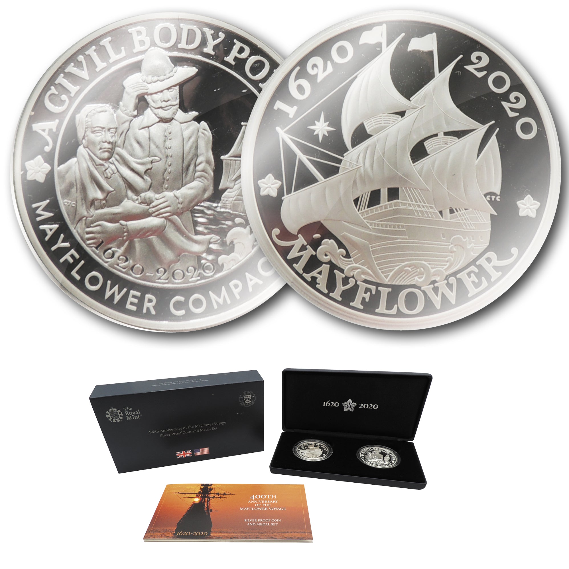 2020 400th Anniv Mayflower Silver Proof Coin and Medal set
