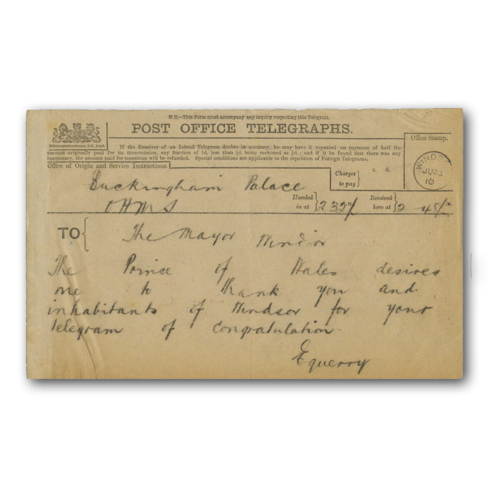 1910 Royal Telegram from Prince Edward's Equerry to the Mayor of Winds