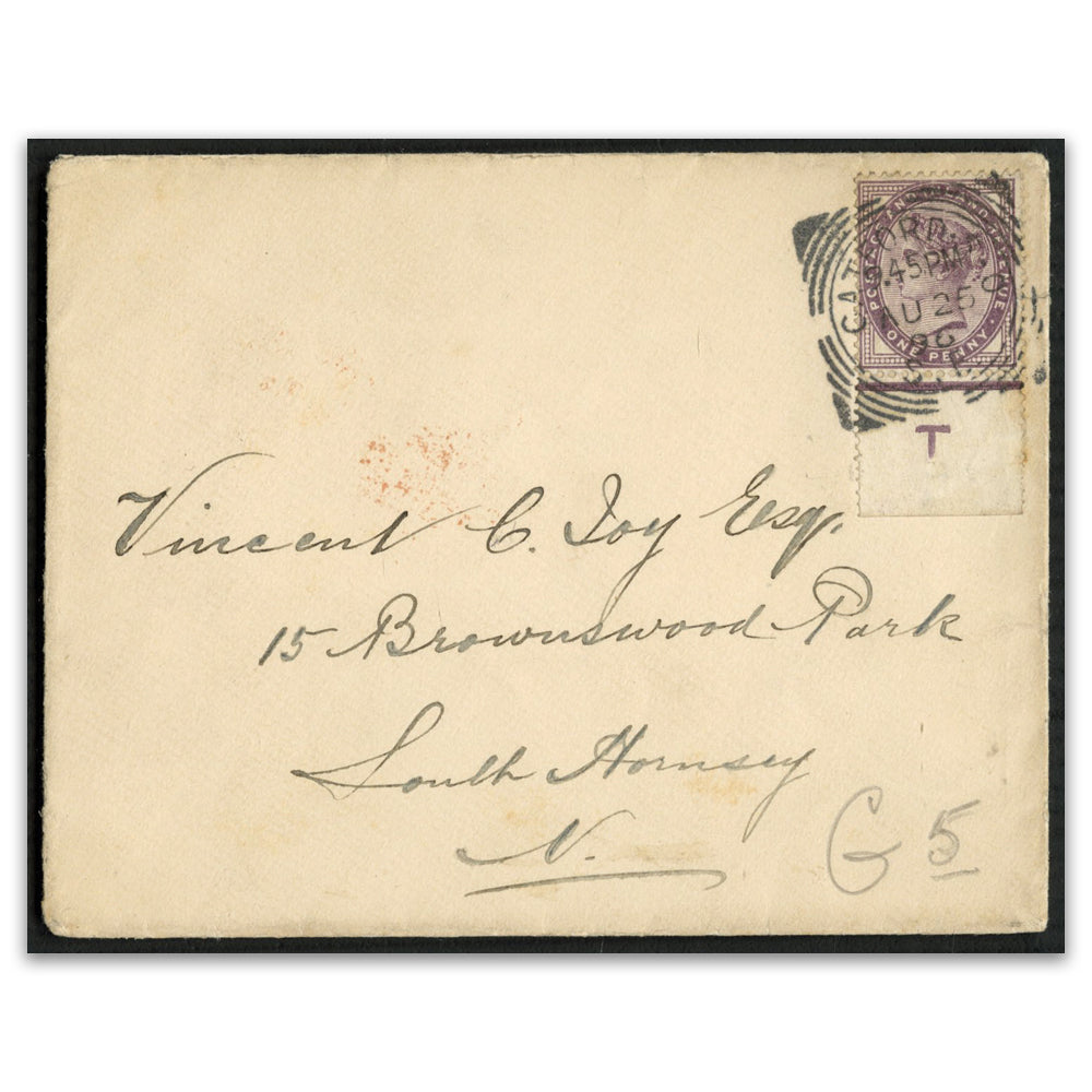 1881 1d Lilac, example with 'T' control marginal tab, used on tidy cov