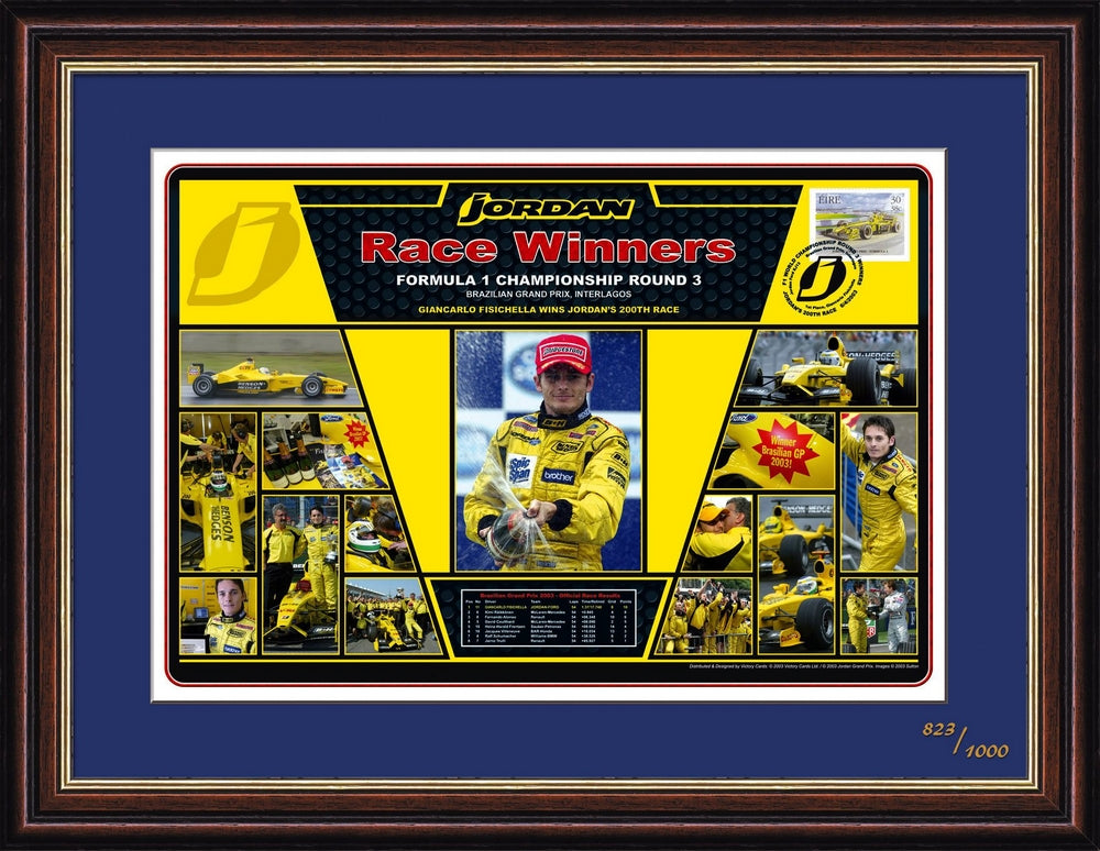 Jordan F1 Brazilian Grand Prix - Race Winners Stamp Card - Framed
