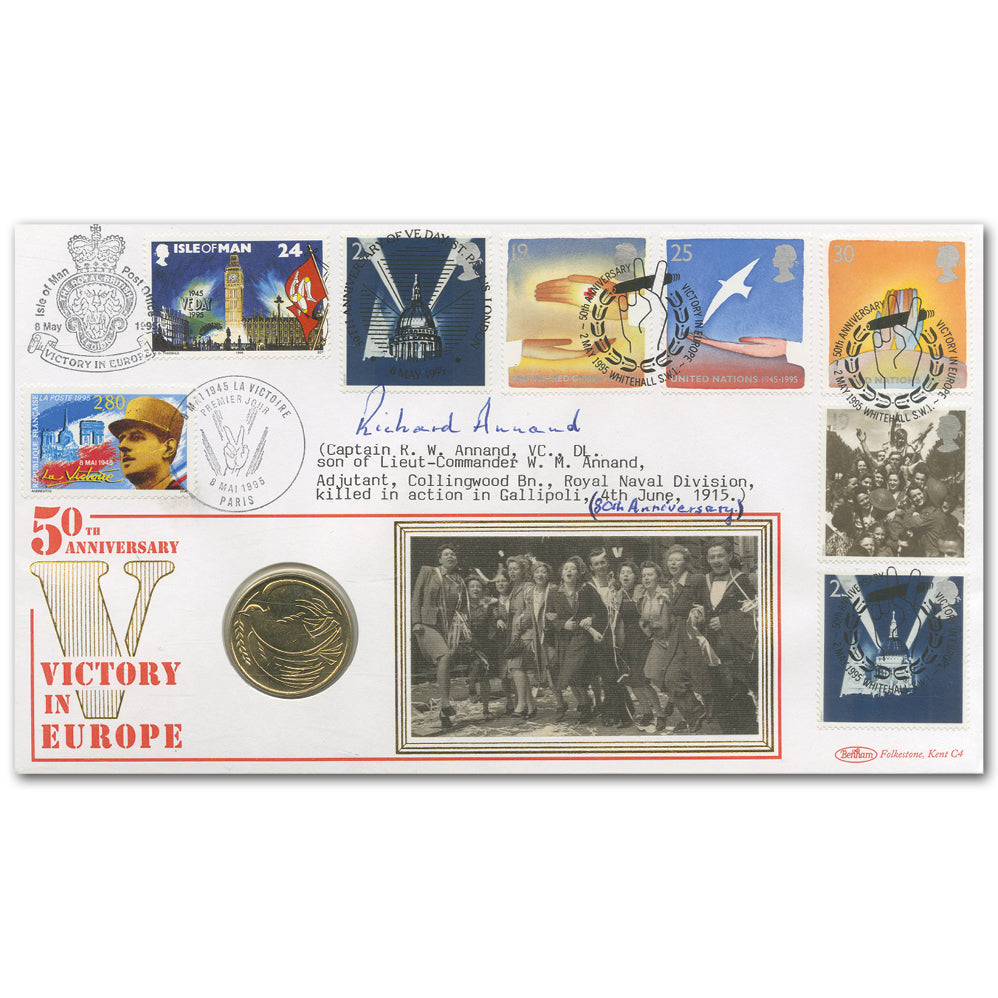 1995 VE Day Coin Cover - Signed Richard Annand
