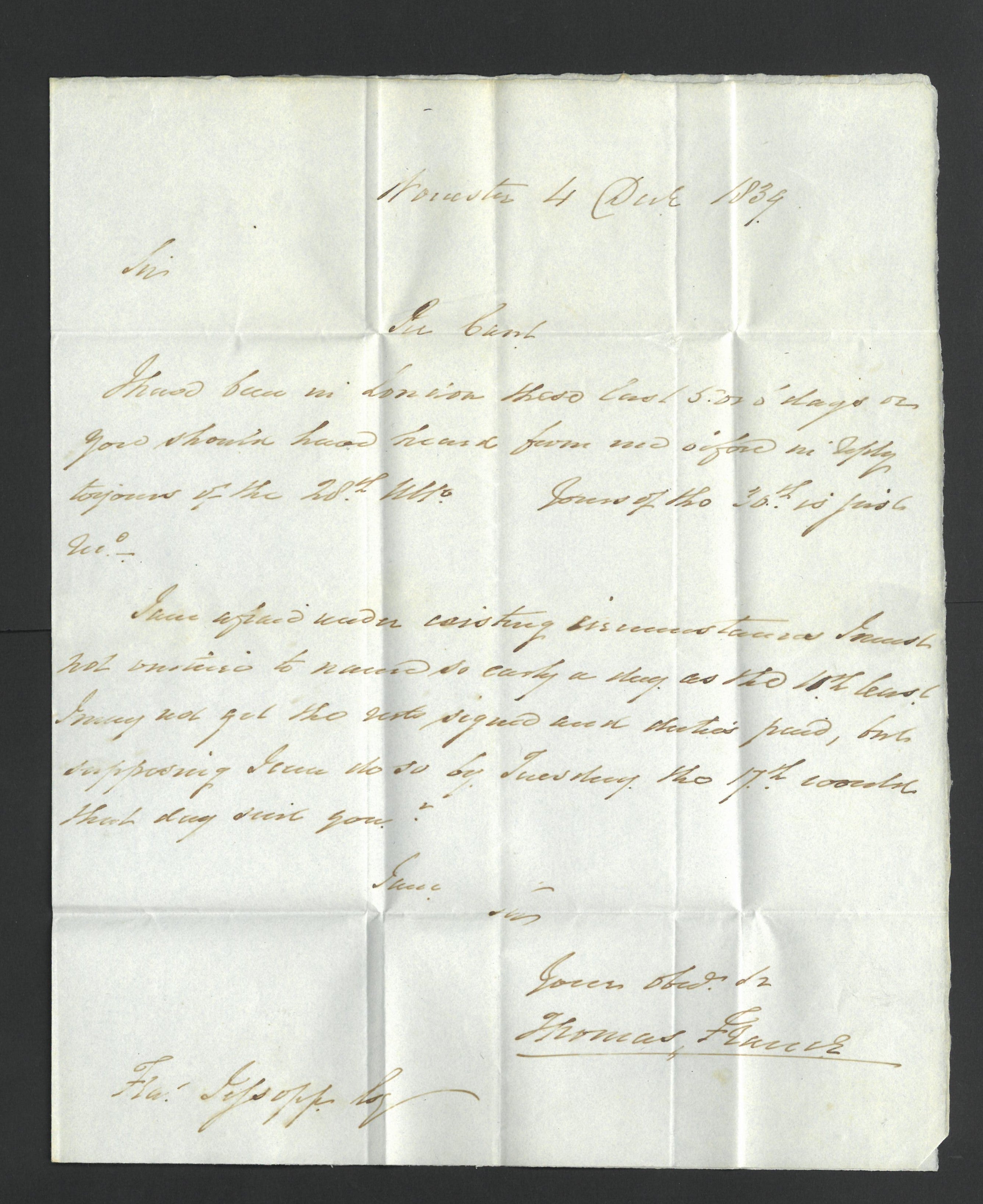 1839 4th December Letter sent from Worcester to Derby