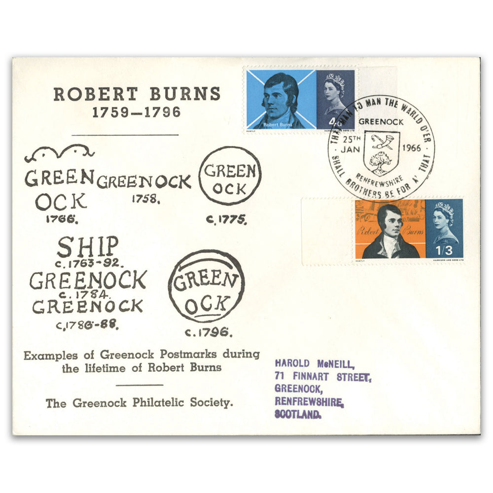 1966 BURNS (Ord) Greenock Phil. Soc. Cover 'That Man' Greenock H/S