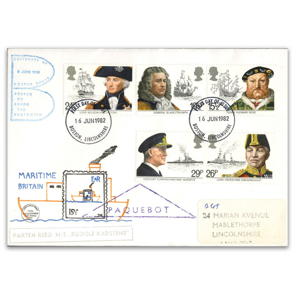 1982 Maritime. Phil Covers. Boston FDI. Boston Docks cachet + MS Rudol