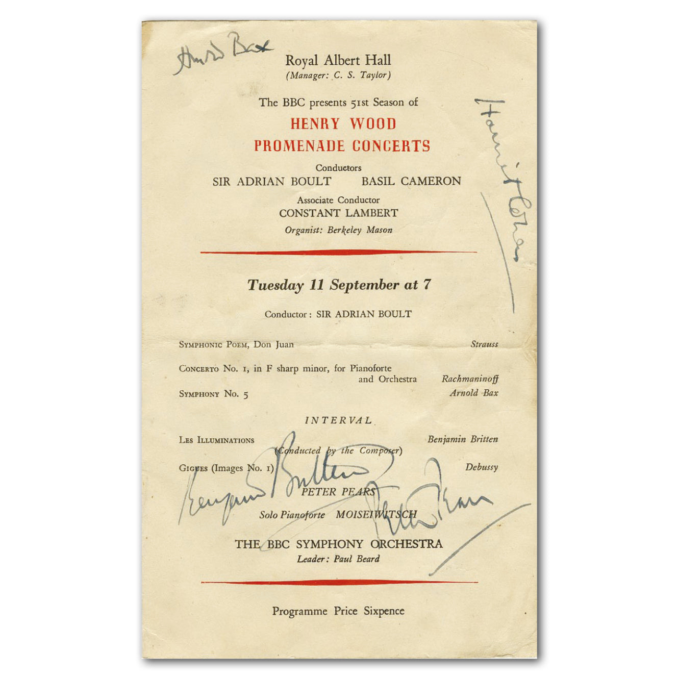 Programme Signed Benjamin Britten, Arnold Bax, Peter Pears + 1