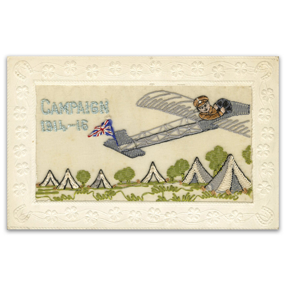 WWI Embroidered Postcard - Campaign 1914 - 1916 Aircraft Over Army Cam